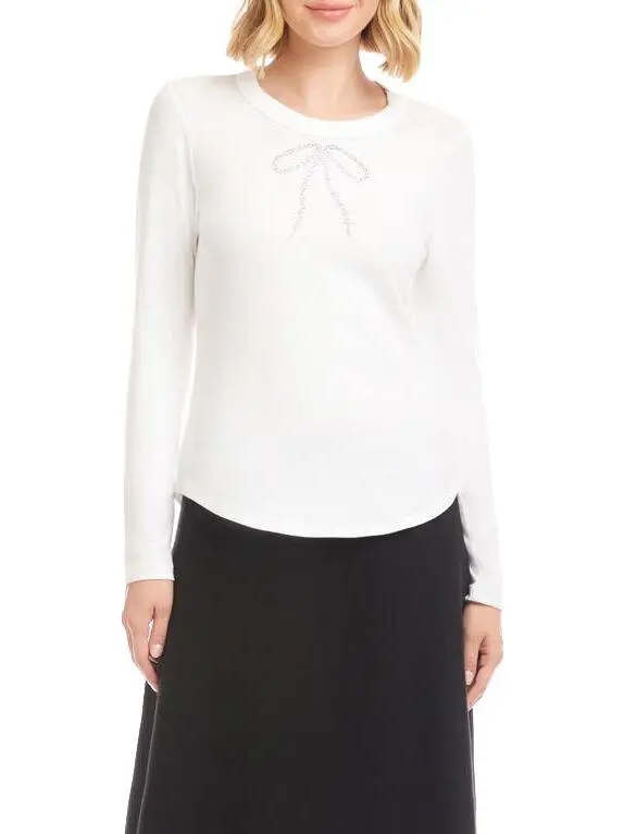 Karen Kane Embellished Rhinestone Bow Long-sleeve T-shirt - White