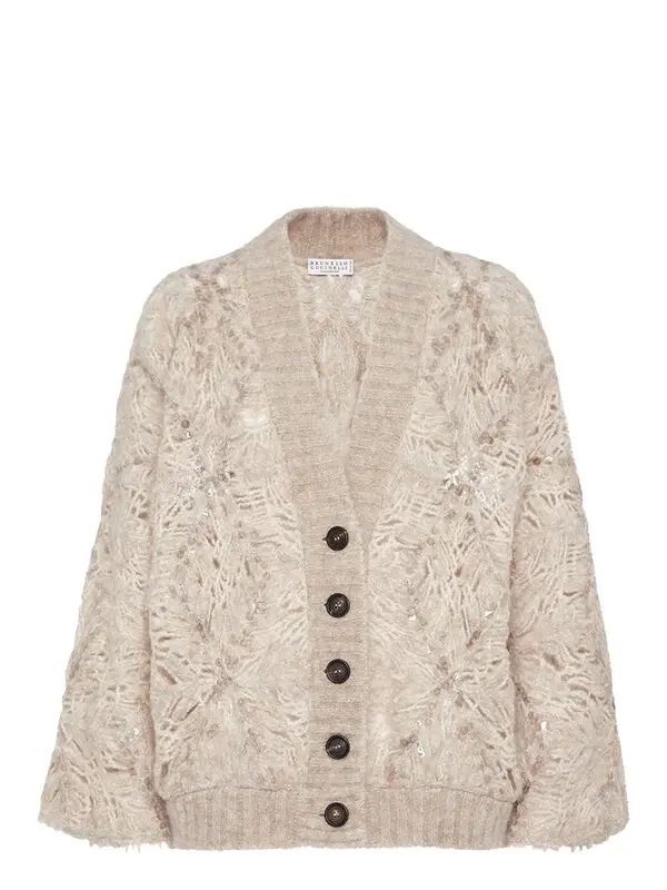 Brunello Cucinelli Mohair-wool-blend Embroidered Cardigan - Beige