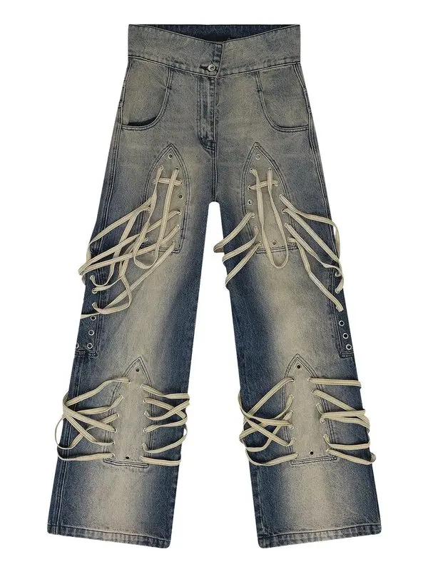 WHO DECIDES WAR BY EV BRAVADO Laced Stained Wide-leg Jeans - Blue
