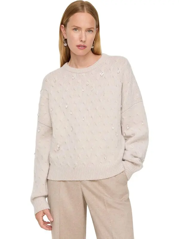Lafayette 148 New York Wool-cashmere Sweater With Swarovski Crystals - Light Taupe Melange