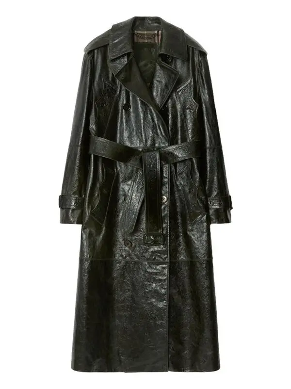 Burberry Long Embossed Leather Trench Coat - Moat Green