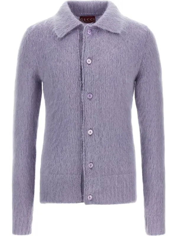 Gucci Brushed Mohair Blend Wool Polo Cardigan - Purple