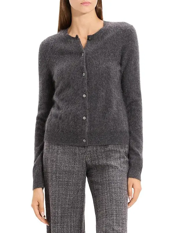 Theory Brushed Cashmere Crewneck Cardigan - Light Charcoal