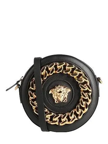 Versace Calfskin Round Cross Body Bag With Gold Tone Chain Detail - Black