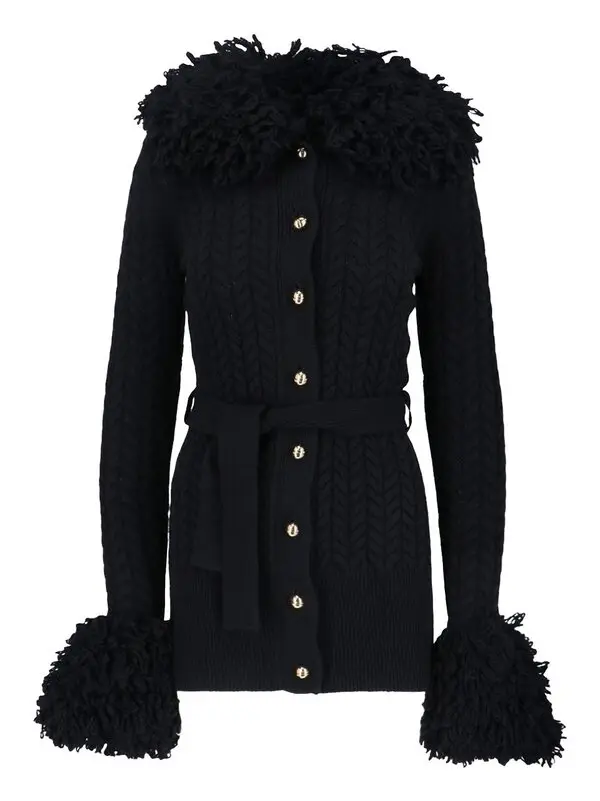 Patou Long Cardigan With Wool And Cashmere Fringes - Black