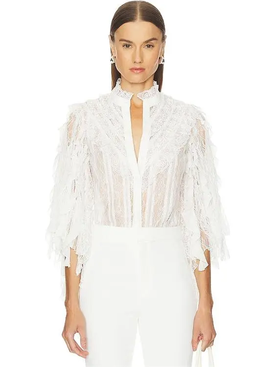 Alice + Olivia Rheba Lace Ruffle Sleeve Top - Off White