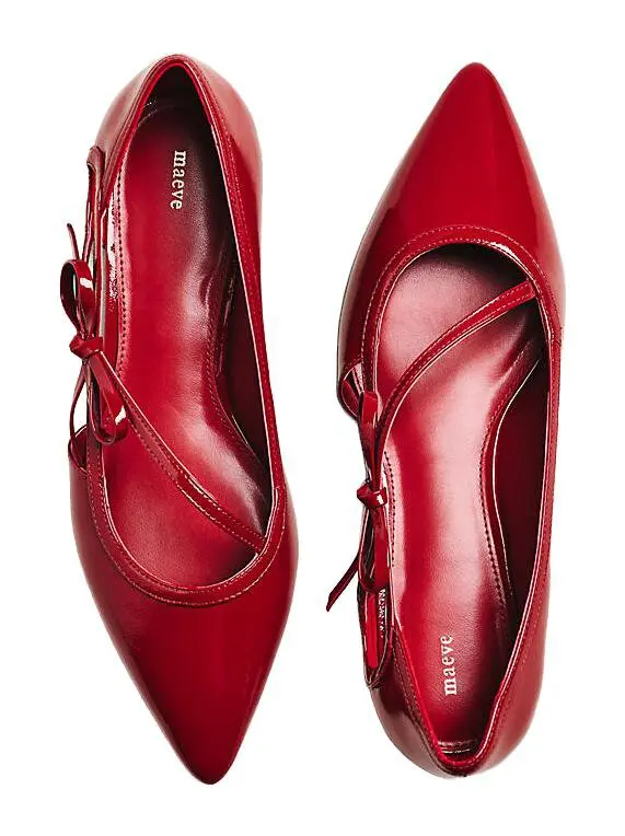 Maeve Pointed-toe Side-strap Bow Flats - Red Patent