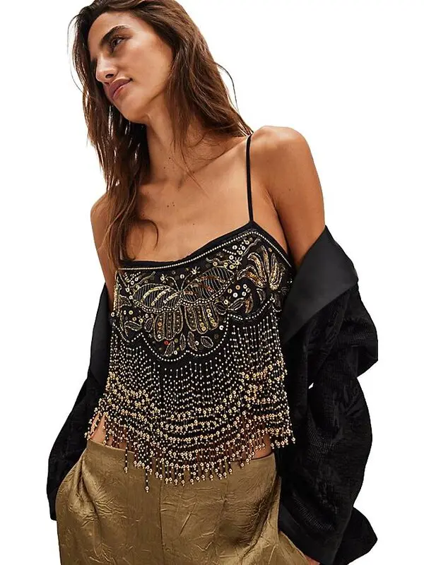 Free People Night Moves Fringe Top - Black