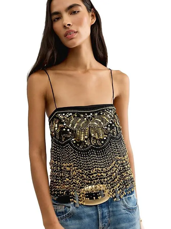 Free People Embellished Fringe Top - Black