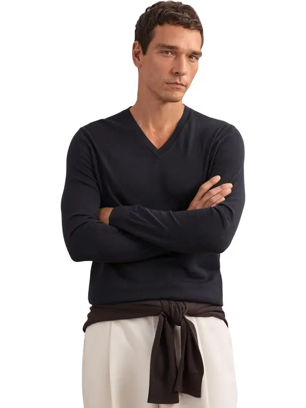 REISS Earl Merino Wool V-neck Jumper - Navy