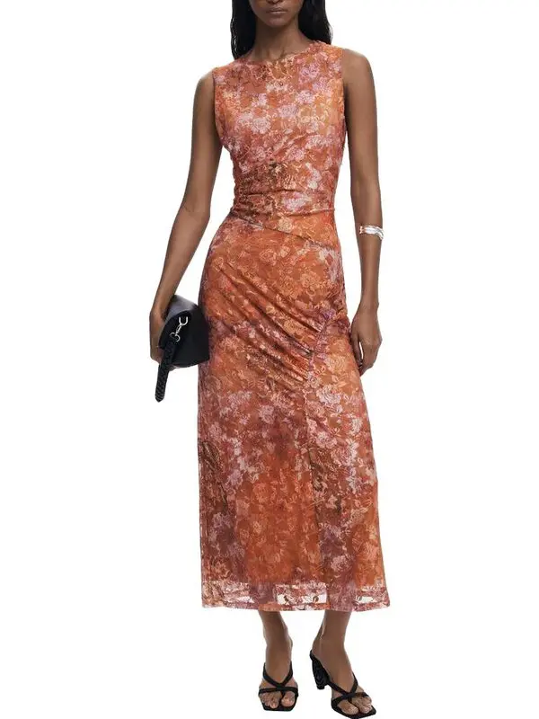 Desigual Floral Lace Overlay Midi Dress - Brown