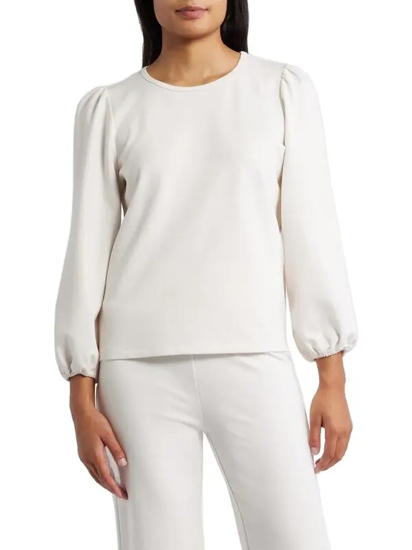 Anne Klein Round Neck Long Sleeve Top - White Dove