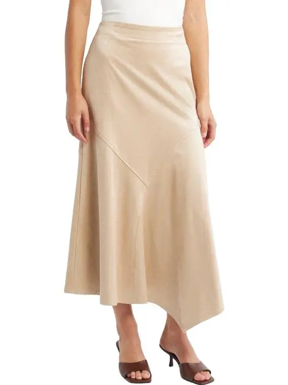 CITY BLUES Asymmetrical Hem Faux Suede Midi Skirt - Champagne
