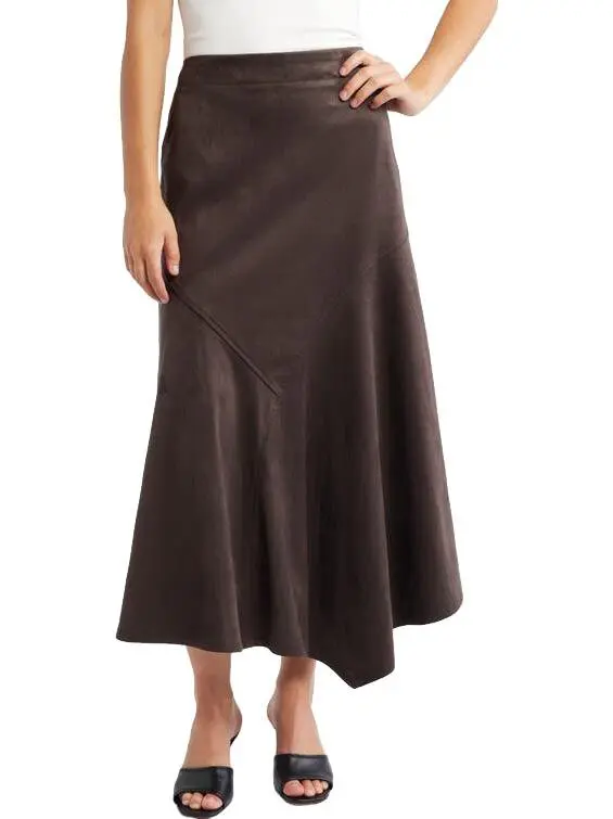 CITY BLUES Asymmetrical Hem Faux Suede Midi Skirt - Coffee