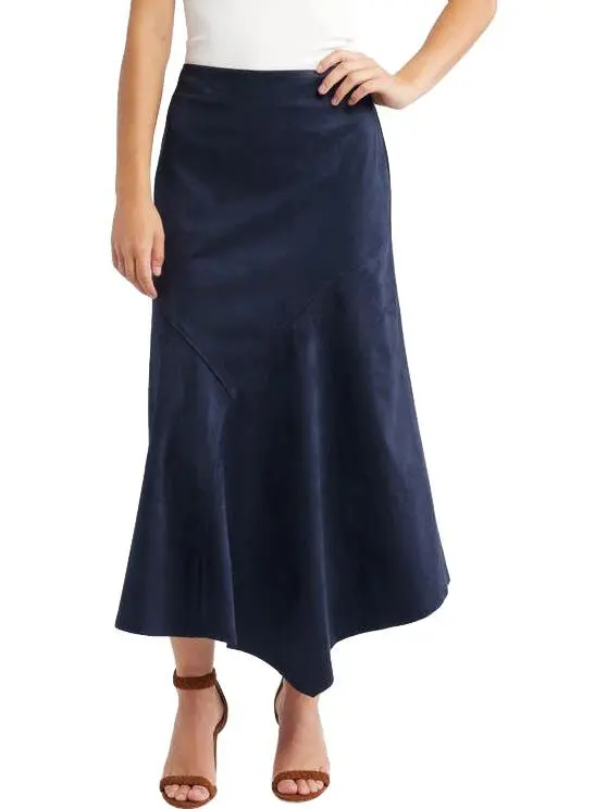 CITY BLUES Asymmetrical Hem Faux Suede Midi Skirt - Midnight