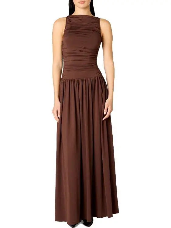 NIA Clea Ruched Sleeveless Maxi Dress - Espresso