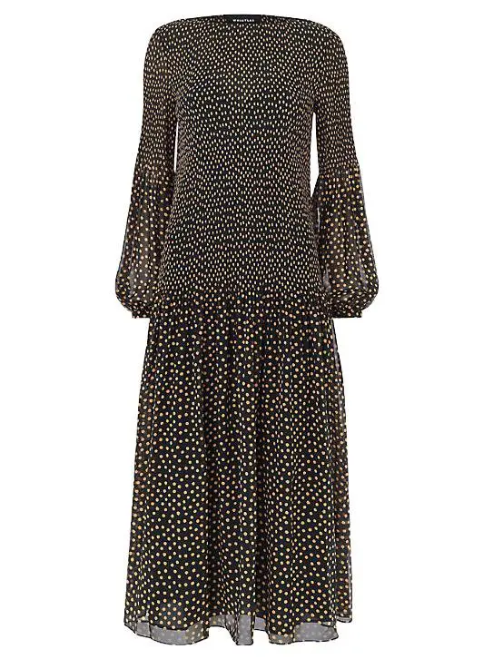 Whistles Plisse Spot-print Woven Midi Dress - Black