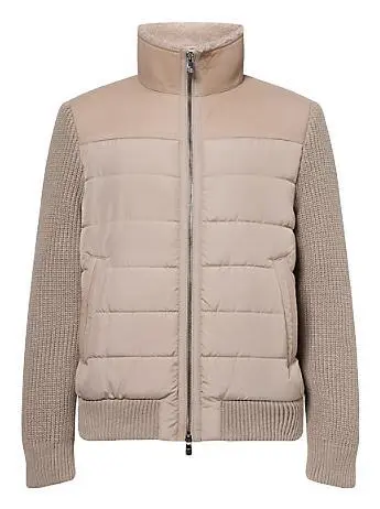 Corneliani Knitted-sleeve Padded Leather And Woven Jacket - Natural / Beige 033