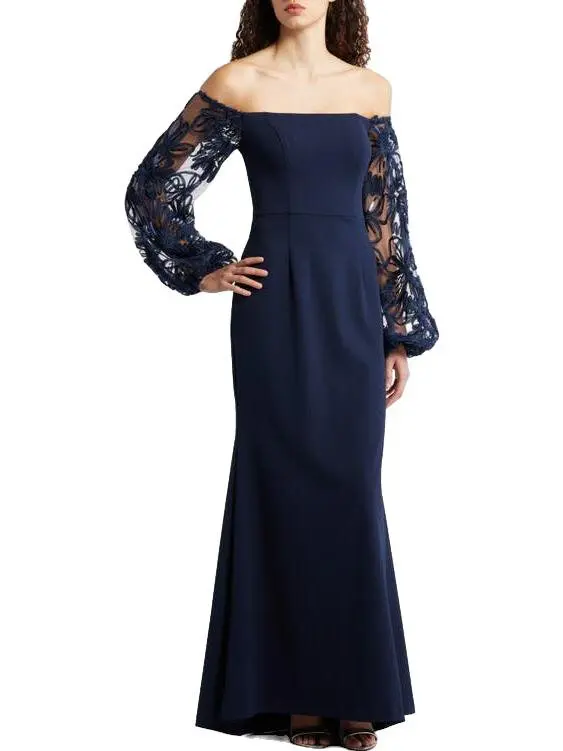 Eliza J Sequin Balloon Long Sleeve Off The Shoulder Gown - Navy