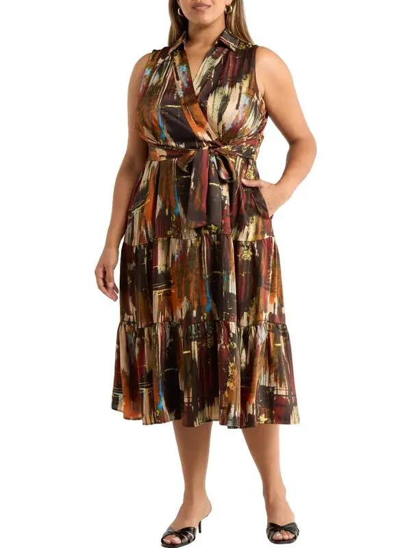 TAHARI ASL Printed Sleeveless Tiered Midi Shirtdress - Cognac Paint