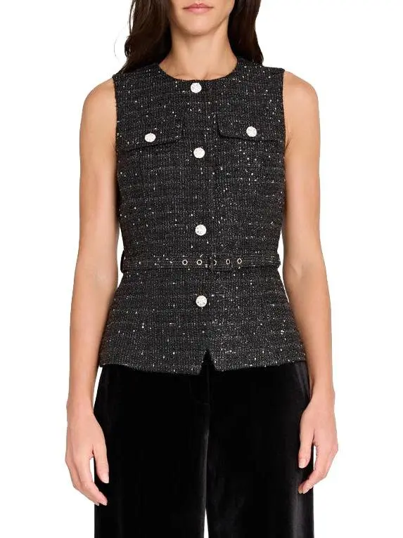 TAHARI ASL Rhinestone Bouclé Vest - Black Silver