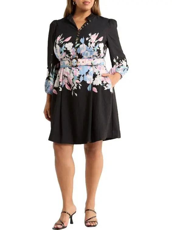 TAHARI ASL Printed Belted Long Sleeve Dress - Black Blue Pink