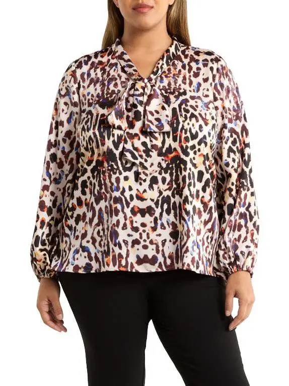 TAHARI ASL Leopard Print Bow Neck Satin Blouse - Sand Royal Leopard