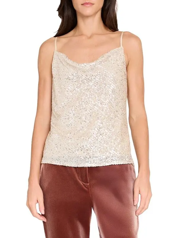 TAHARI ASL Sequin Cowl Neck Camisole - Light Beige Silver