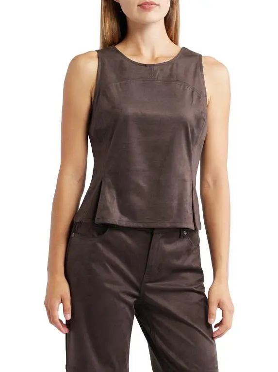 CITY BLUES Pleated Hourglass Sleeveless Faux Suede Top - Coffee