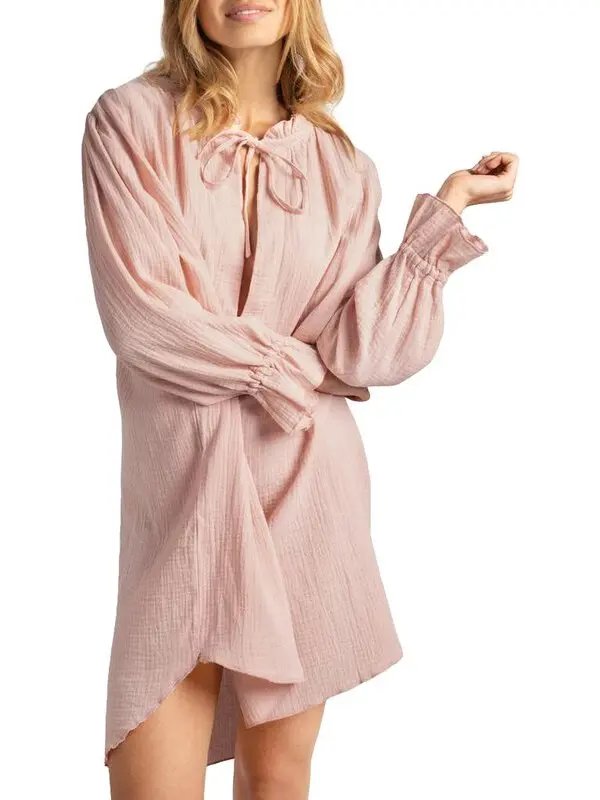 SUNDAY CITIZEN Ruffle Long Sleeve Cotton Muslin Chemise - Peach Powder