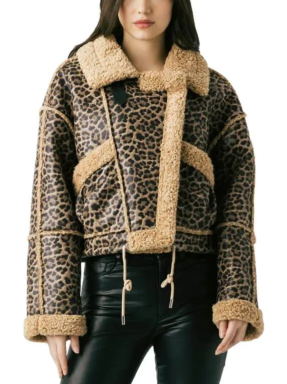 Blanknyc Bonded Leopard Print Faux Shearling Moto Jacket - In The Shadows