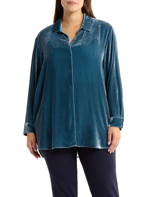 Eileen Fisher Classic Collar Velvet Button-up Shirt - Sea Spray
