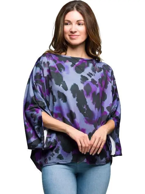 24SEVEN COMFORT APPAREL Animal Print Boat Neck Dolman Sleeve Top - Purple Multi