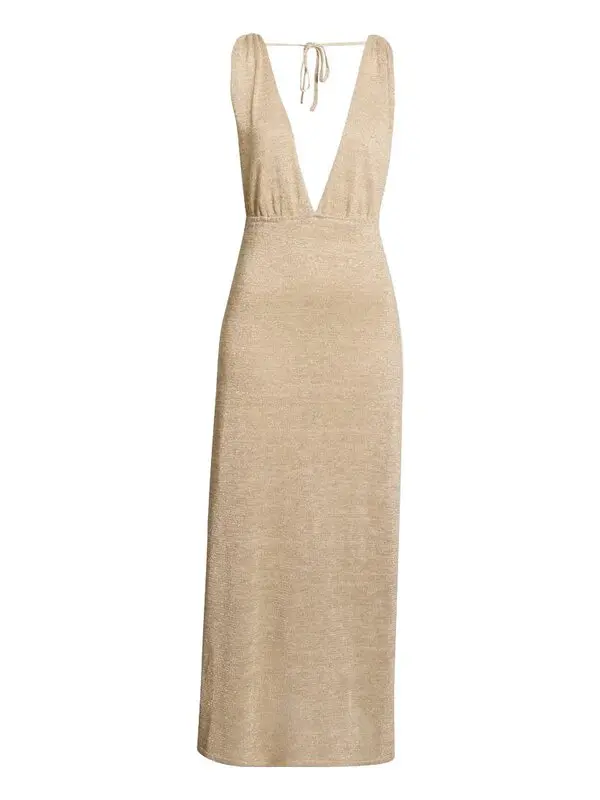 Elan Plunge Neck Maxi Cover-up Sweater Dress - Beige