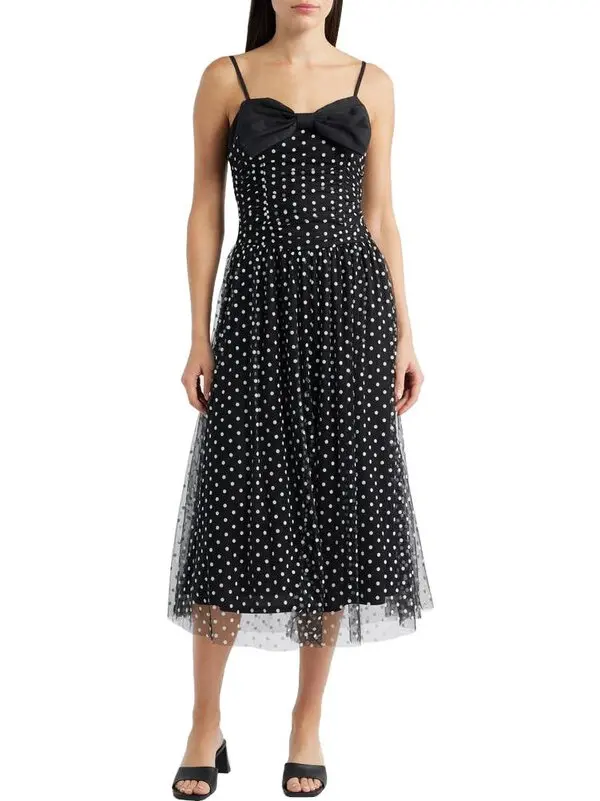 Moon River Bow Polka Dot Mesh Fit & Flare Midi Dress - Black
