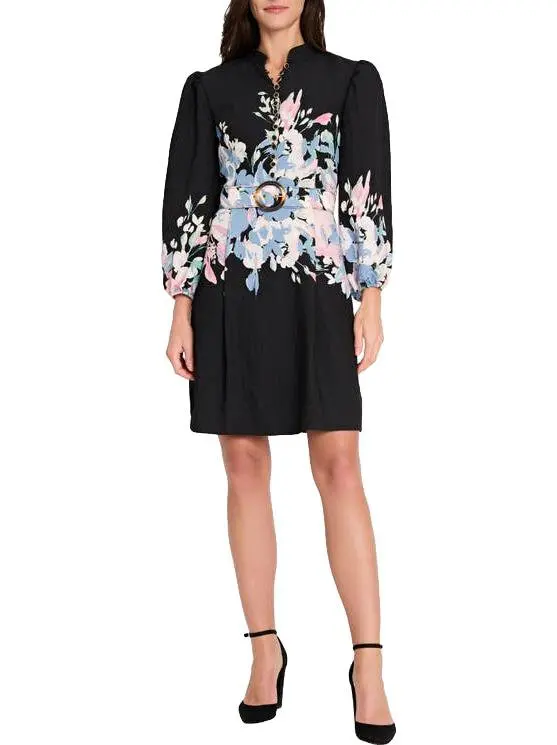 TAHARI ASL Floral Puff Shoulder Belted Dress - Black Blue Pink