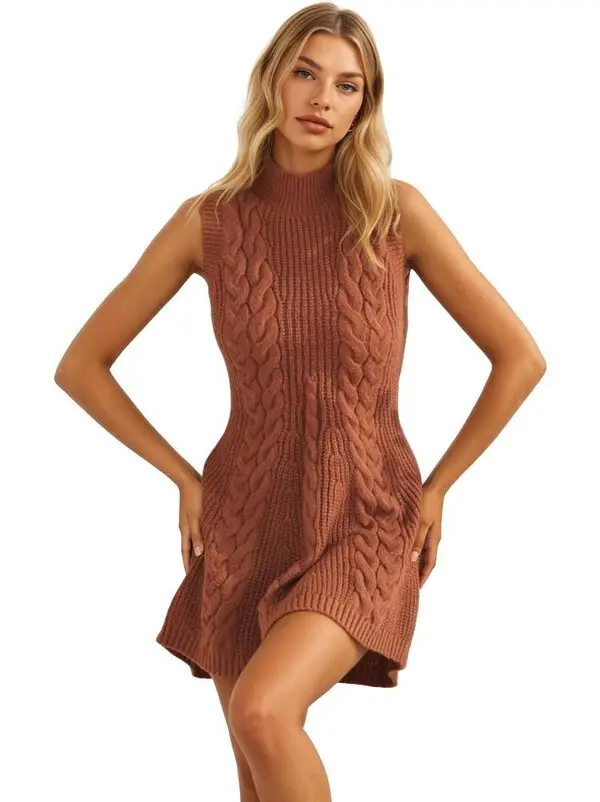 KNIT & LOUNGE Sleeveless Cable Knit Mini Dress - Brown