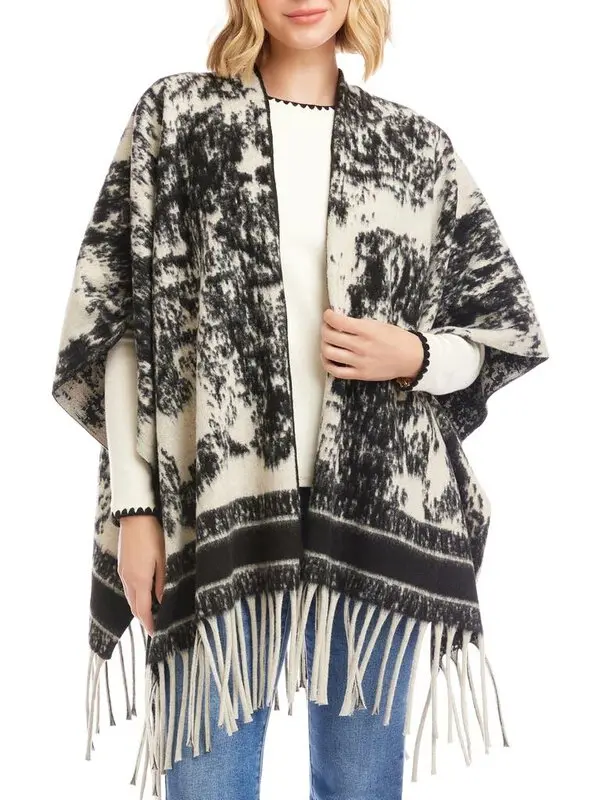 Karen Kane Fringe Brushed Jacquard Knit Poncho - Ecru W/black