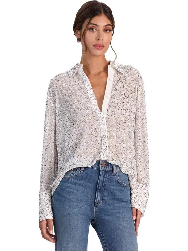 Alice + Olivia Finely Embellished Oversized Button-down - White