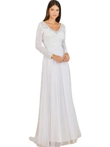 LARA NEW YORK Long Sleeve Bridal Gown With Flowy Skirt - Ivory