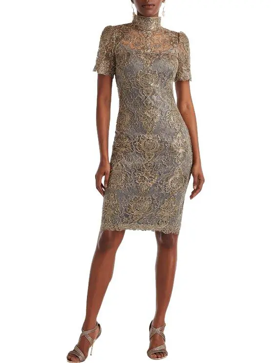 Tadashi Shoji Metallic Embroidered Illusion Neck Cocktail Dress - Smoke Pearl