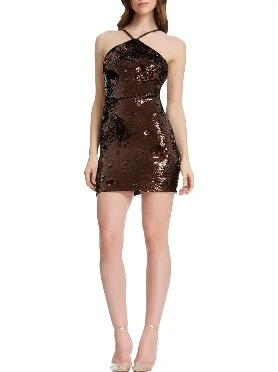 Dress The Population Sequin Halter Mini Dress - Mocha