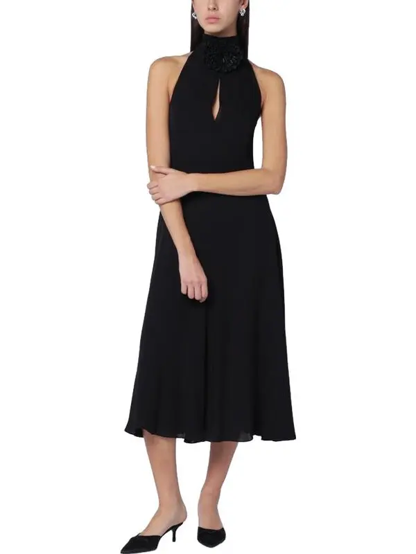 Alaïa Flared Midi Dress With Floral Detail - Black