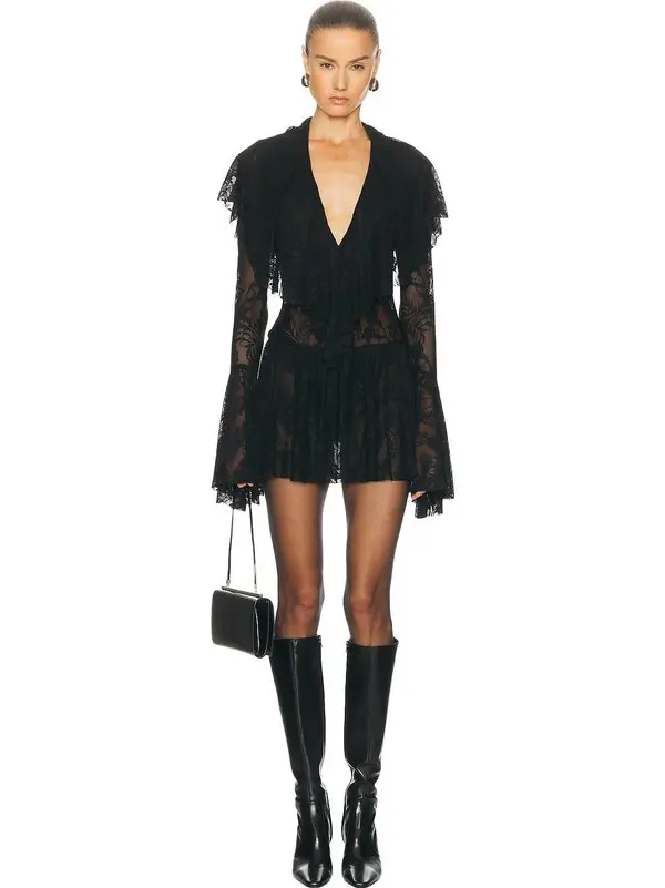 Norma Kamali Long Sleeve Deep V Ruffle Mini Dress - Black Lace