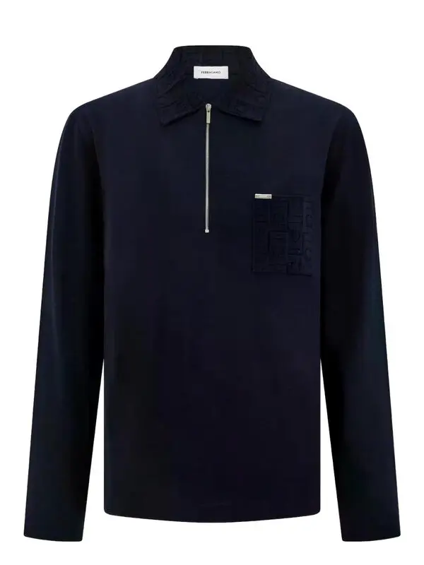 FERRAGAMO Zip Long-sleeved Polo Shirt - Blue
