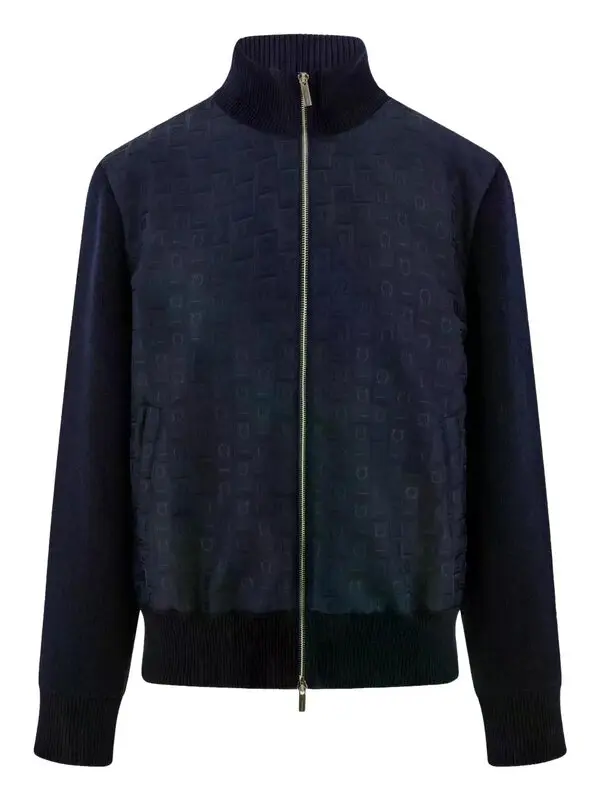 FERRAGAMO Monogram Jacquard Knitted Bomber Jacket - Blue