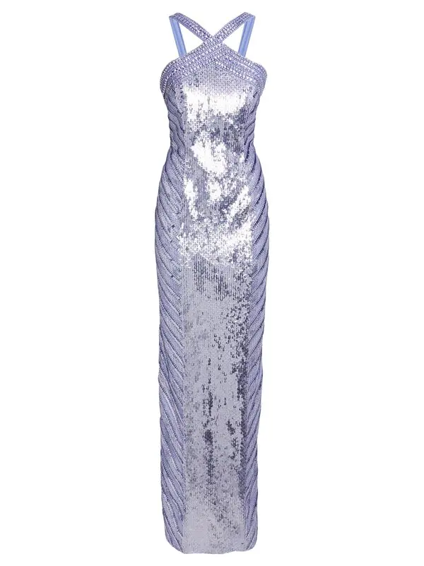 Pamella Roland Sequinned Embellished Halterneck Gown - Blue