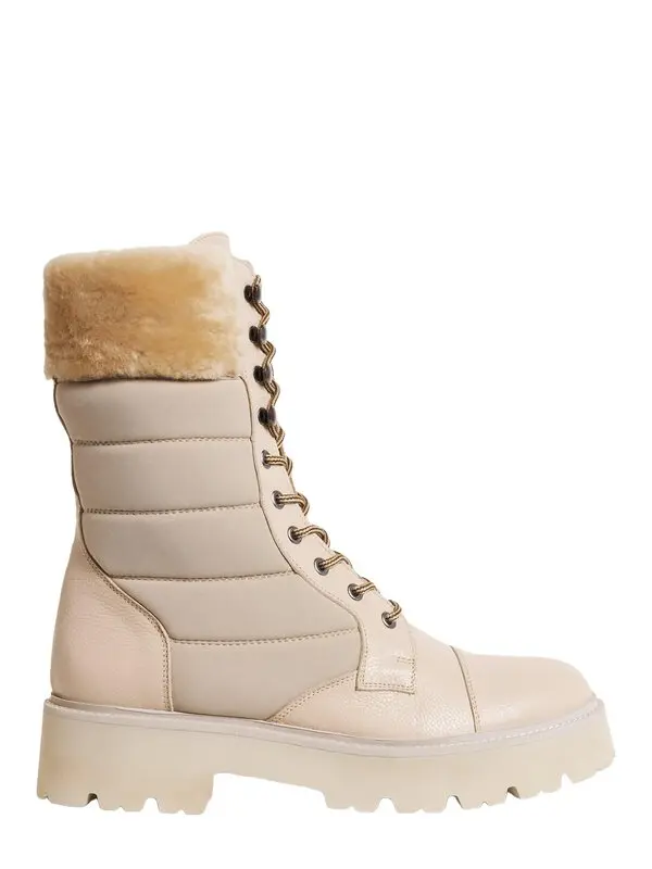 Eleventy Leather Shearling Trim Lace-up Boots - Beige