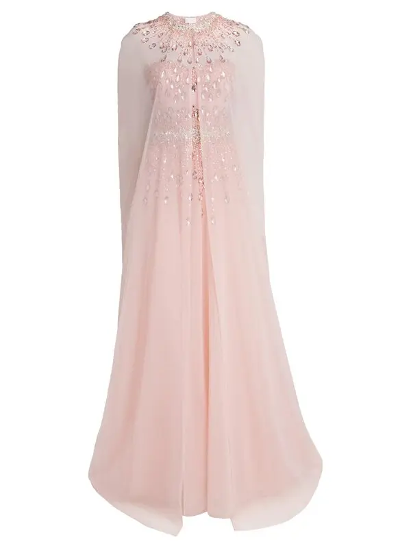 Pamella Roland Tulle Embellished Cape-detail Gown - Pink