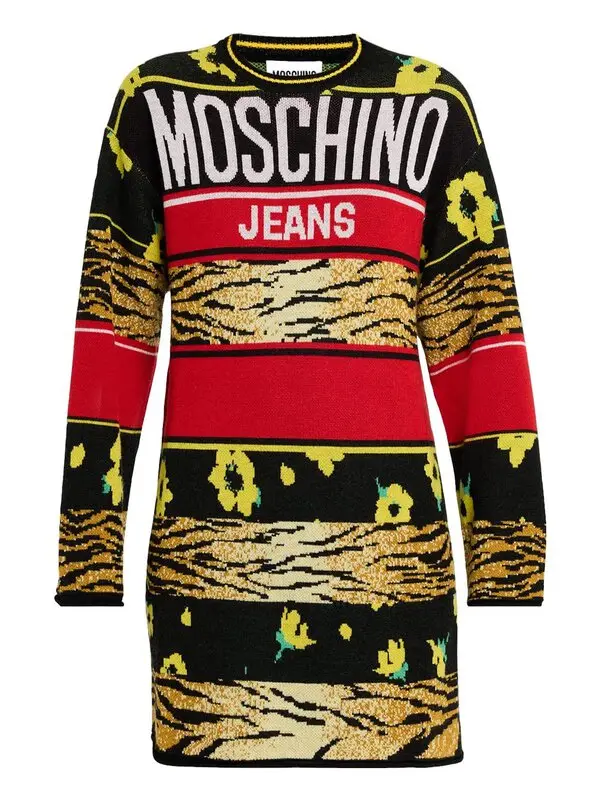 MOSCHINO JEANS Logo Jacquard Wool Sweater Dress - Multi Blac
